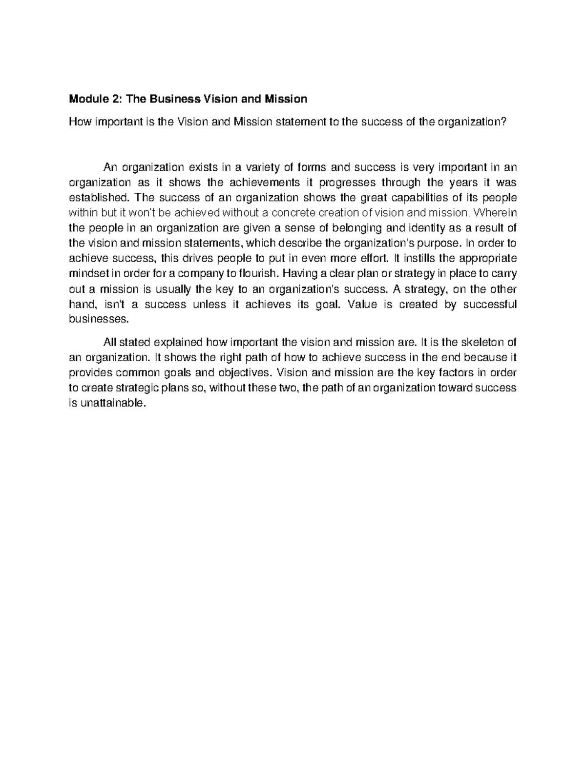 Module 2 - The Business Vision and Mission - The success of an ...