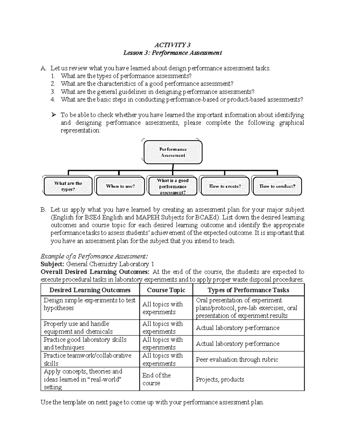 Activity - Performance Assessment - ACTIVITY 3 Lesson 3: Performance ...