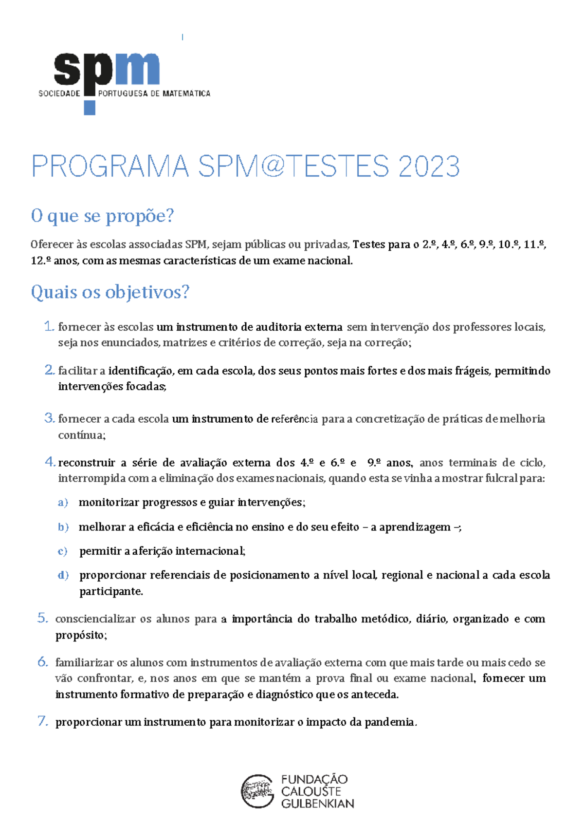 Carta Programa SPM Testes 2023 - PROGRAMA SPM@TESTES 2023 O que se ...