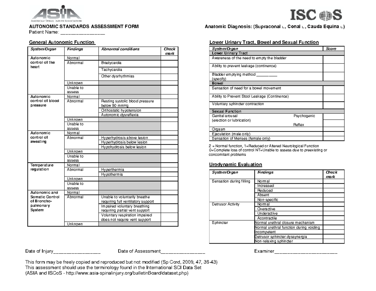 Evaluación ASIA - Autonomic Standards Assessment Form Final 2009 - 2 ...