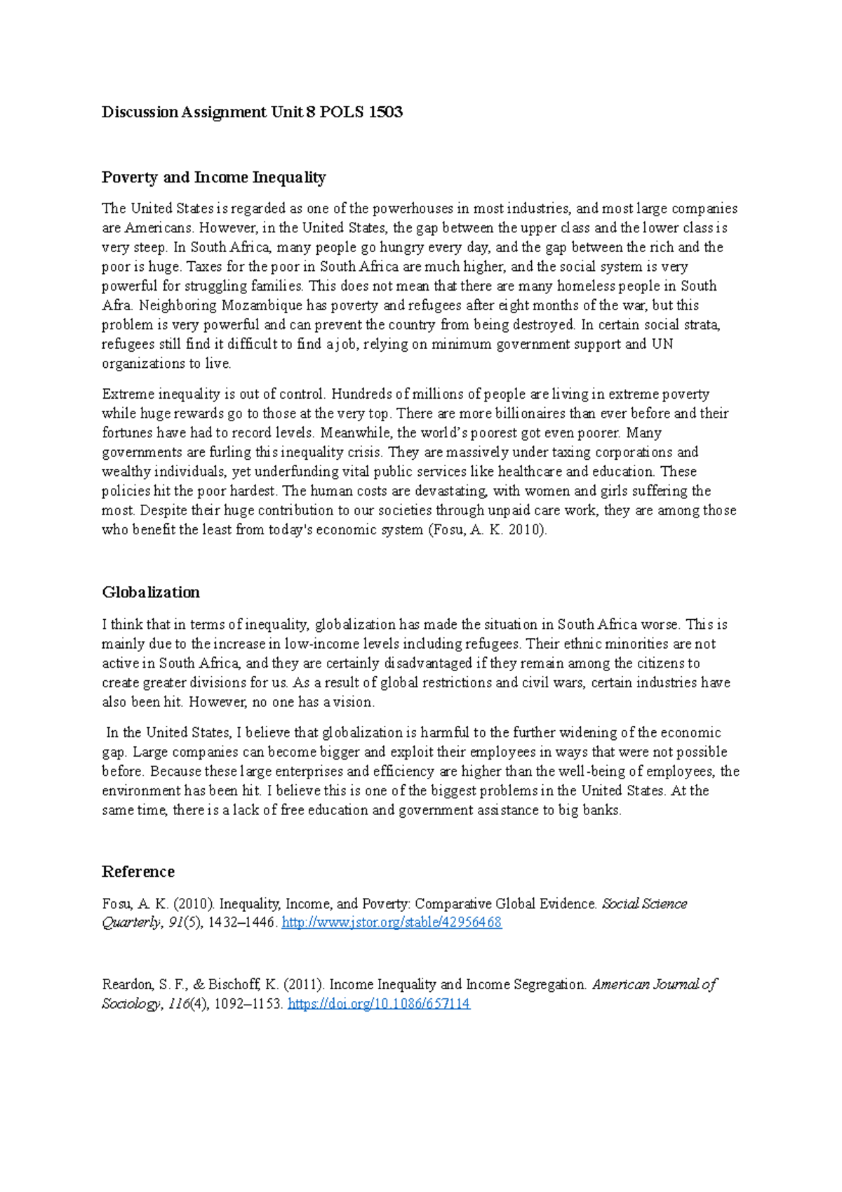 Discussion Assignment Unit 8 POLS 1503 - Discussion Assignment Unit 8 POLS 1503 Poverty and ...