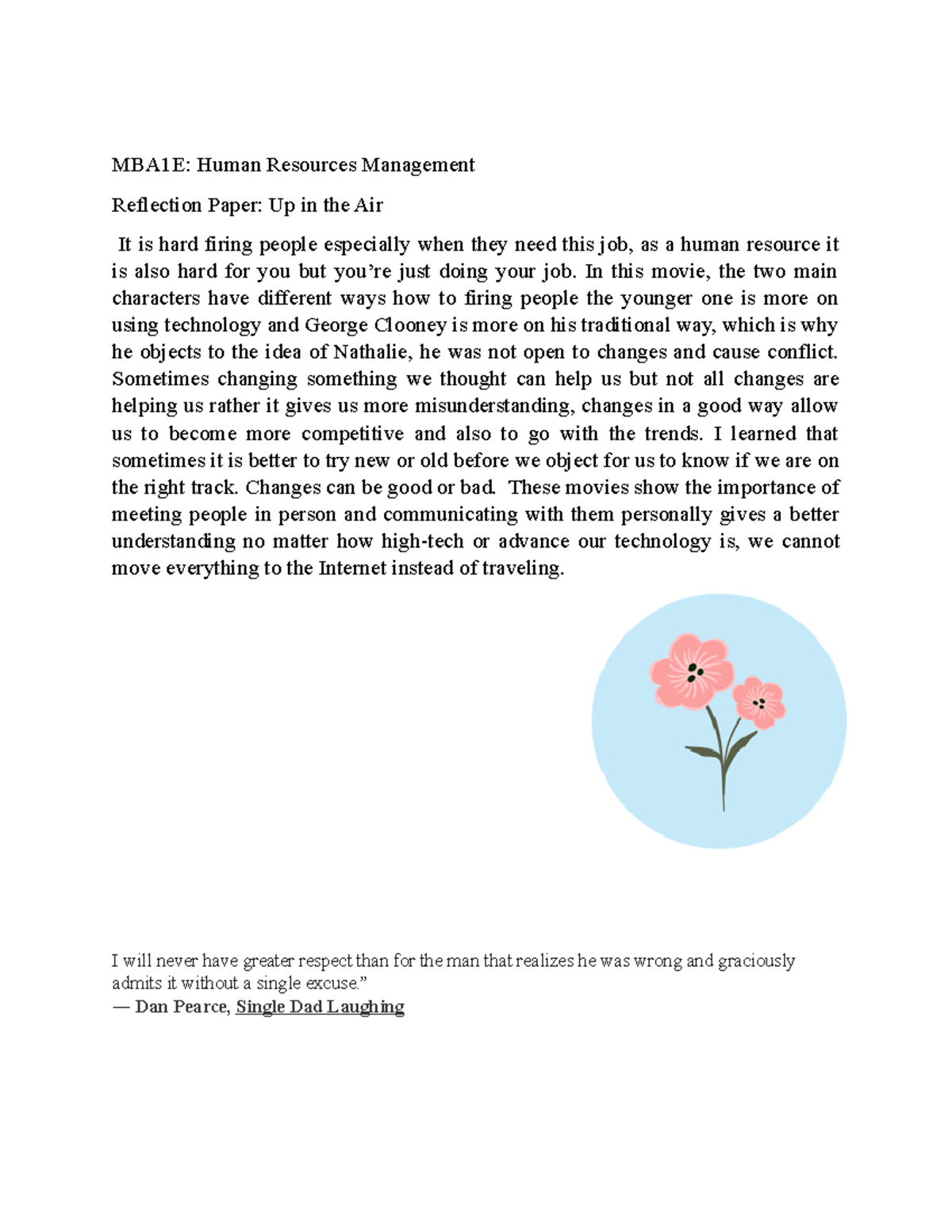 Up in the air - reflection - MBA1E: Human Resources Management ...