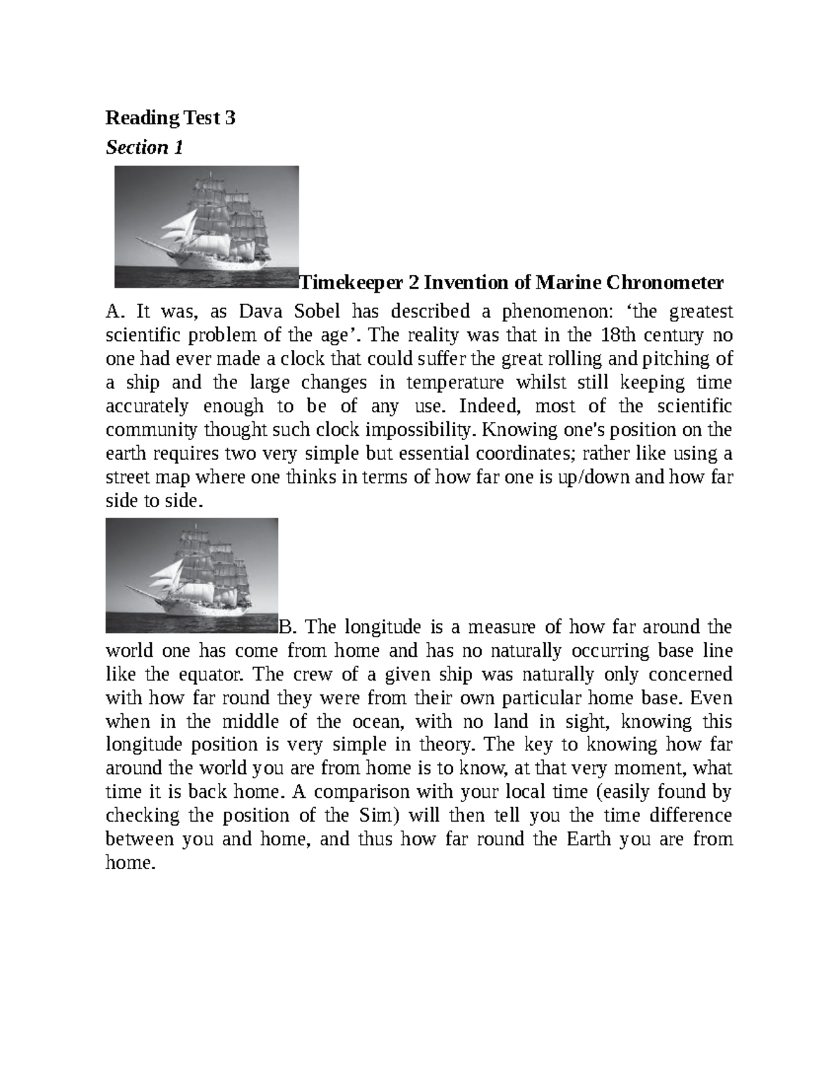 Reading 3 - Reading Test 3 Section 1 Timekeeper 2 Invention of Marine ...