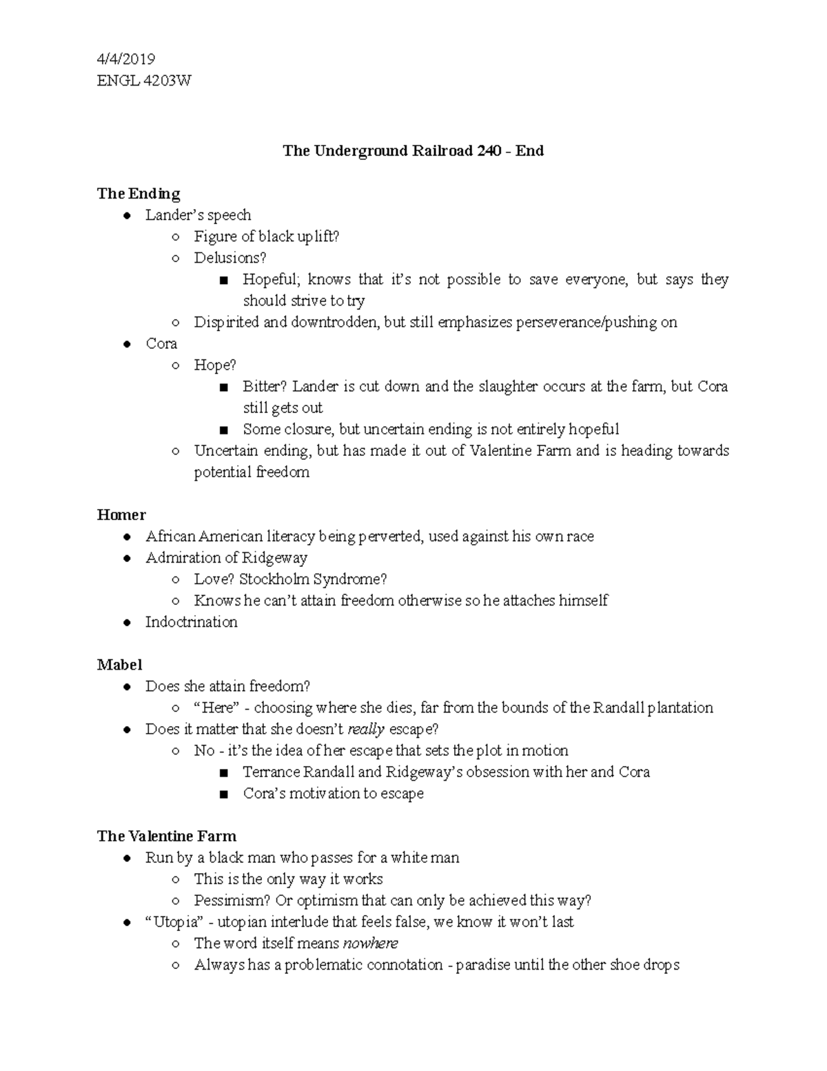 Underground Railroad, Colson Whitehead Notes III - 4/4/ ENGL 4203W The ...