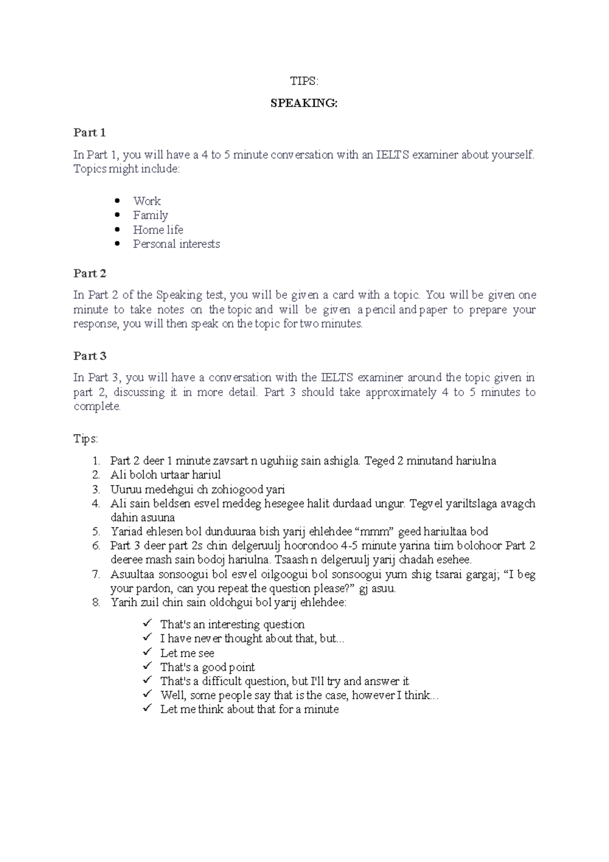 TIPS - english - TIPS: SPEAKING: Part 1 In Part 1, you will have a 4 to ...