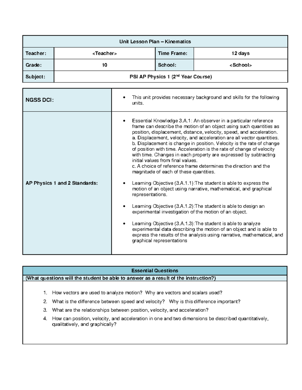 Ap-phys1 ap1-kinematics-unit-plan 2019-10-15 - Unit Lesson Plan ...