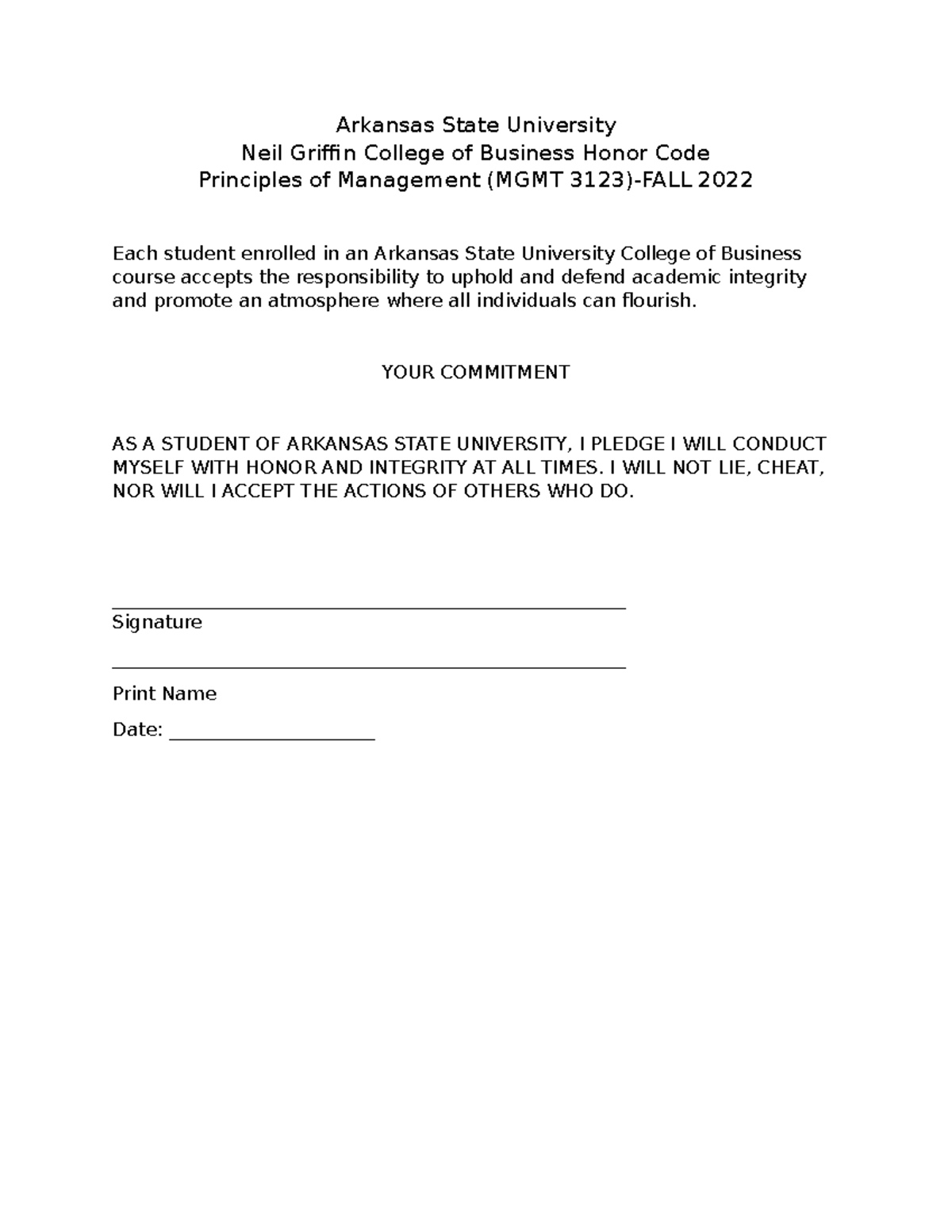 College of Business Honors Code and Permissions Form-Fall 2022 ...