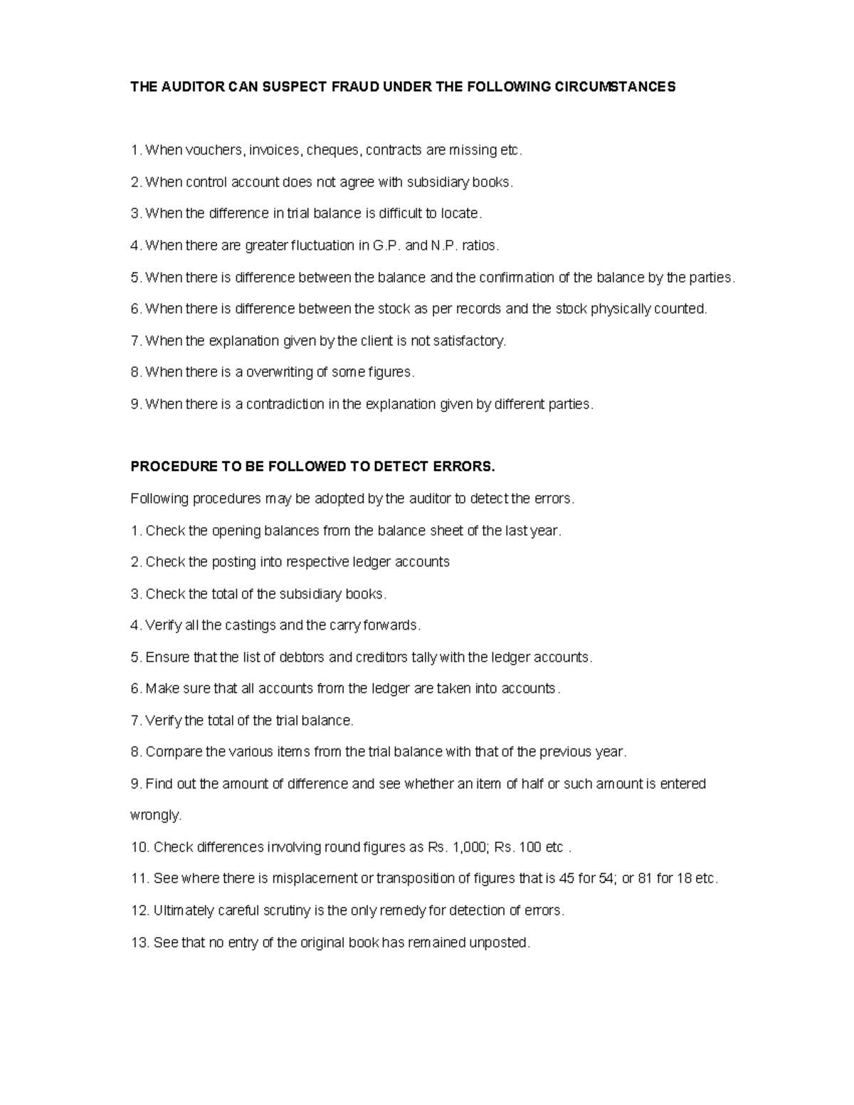 Auditing- Errors detection - THE AUDITOR CAN SUSPECT FRAUD UNDER THE ...