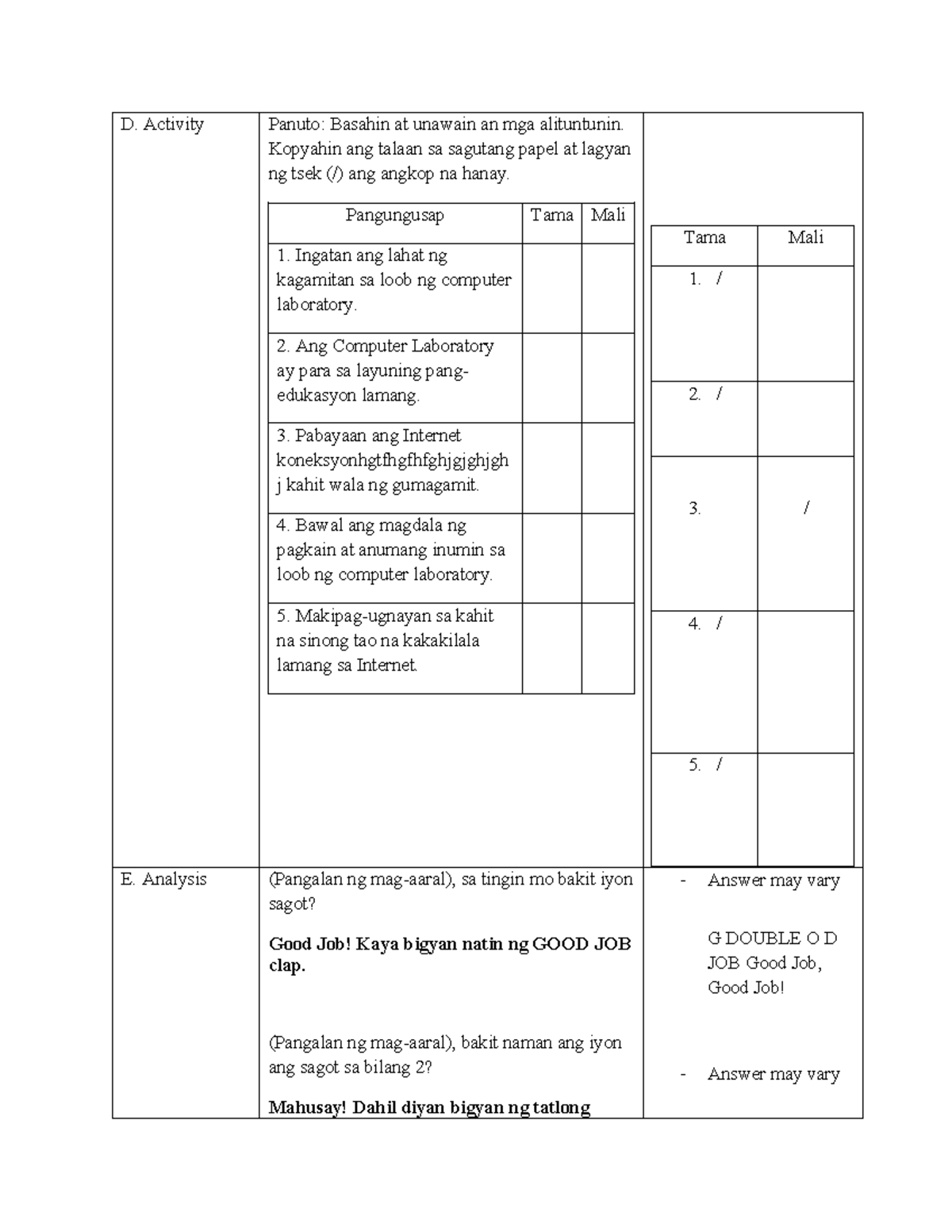 Detaile Lesson- ICT - Copy - Copy - D. Activity Panuto: Basahin at ...