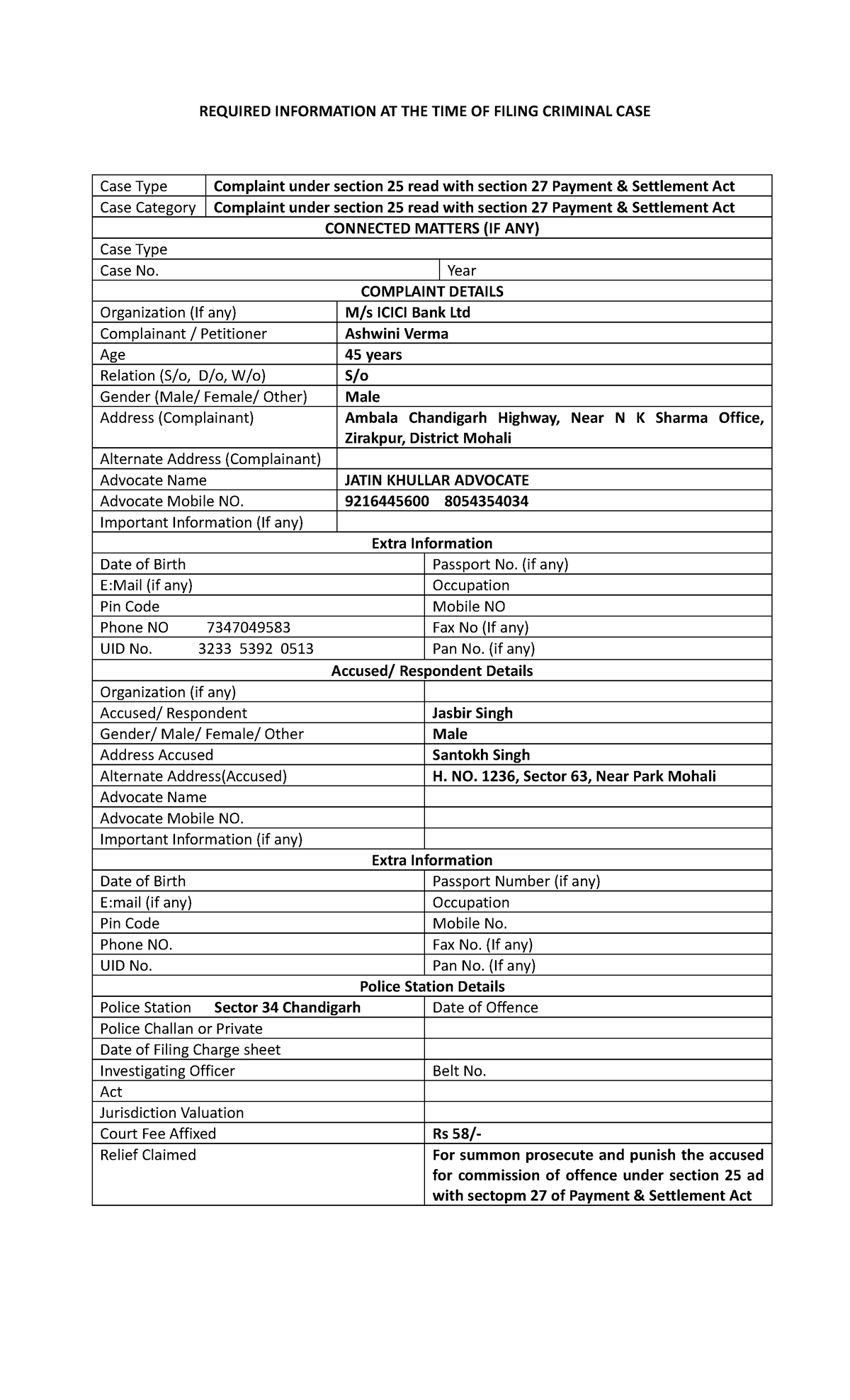 Criminal filing list 1 - REQUIRED INFORMATION AT THE TIME OF FILING ...