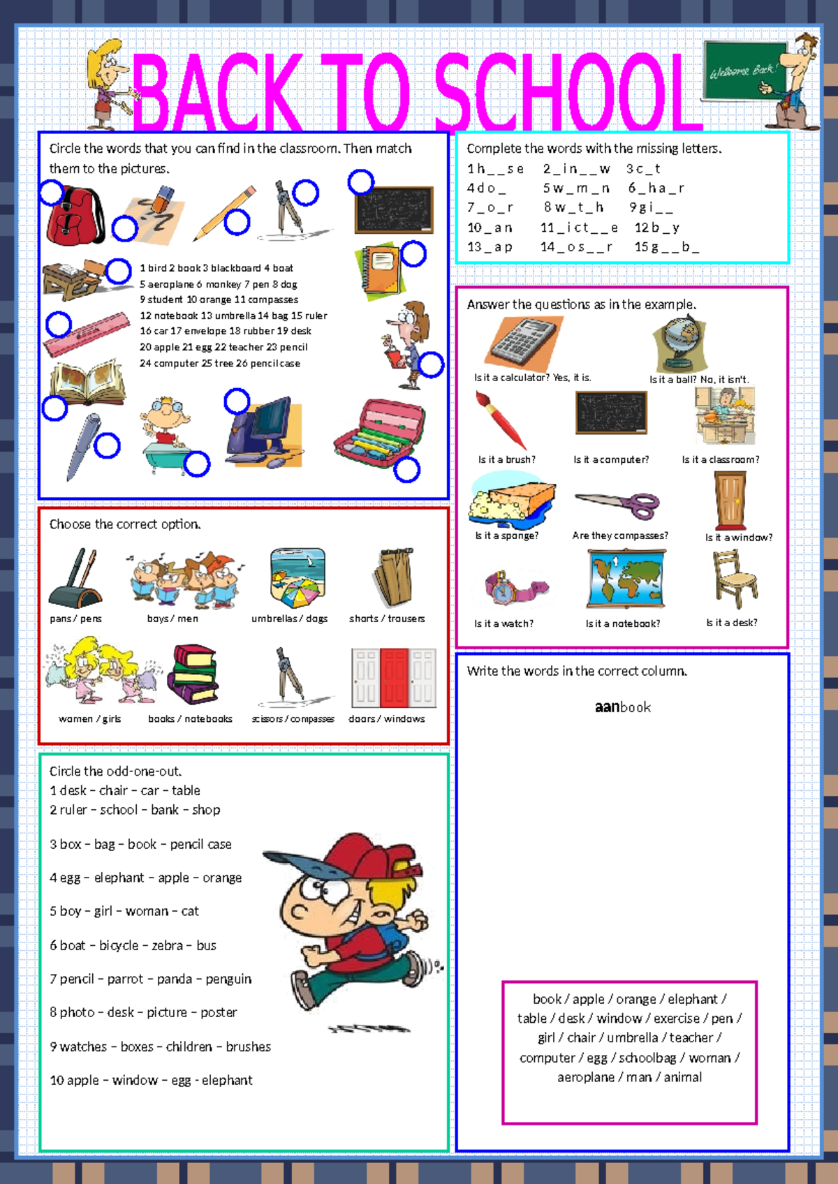Back to school - Circle the words that you can find in the classroom ...
