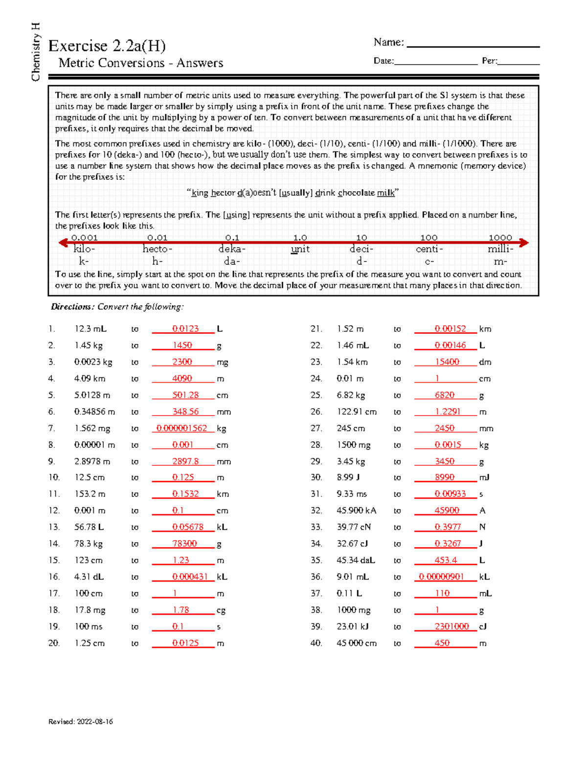 Metric Conversions Answers - Revised: 2022-08- Name: Date: Per ...
