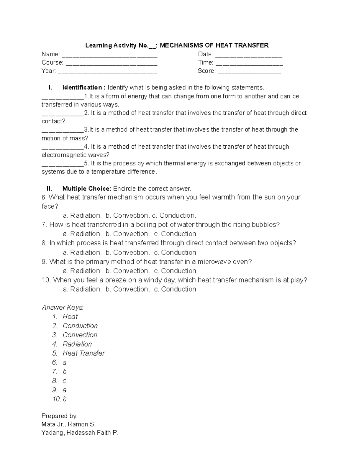 Mechanisms of heat transfer - Learning Activity No.__: MECHANISMS OF HEAT TRANSFER Name: - Studocu