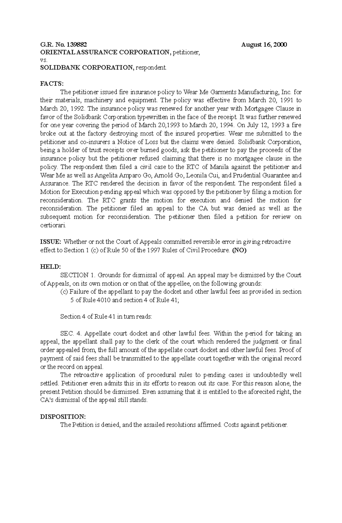 CASE No. 15 Oriental Assurance Corp. vs. Solidbank Corp - G. No. 139882 ...
