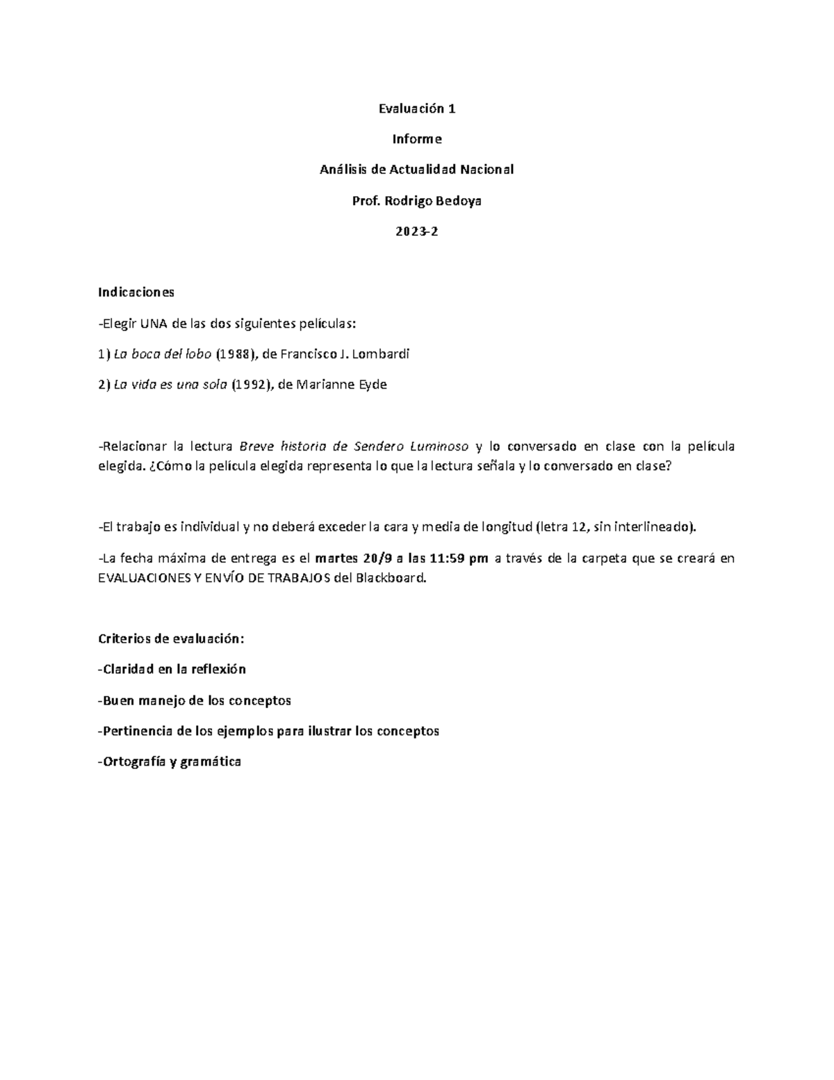 Evaluación 1 - fgfgh - Evaluación 1 Informe Análisis de Actualidad Nacional Prof. Rodrigo Bedoya ...
