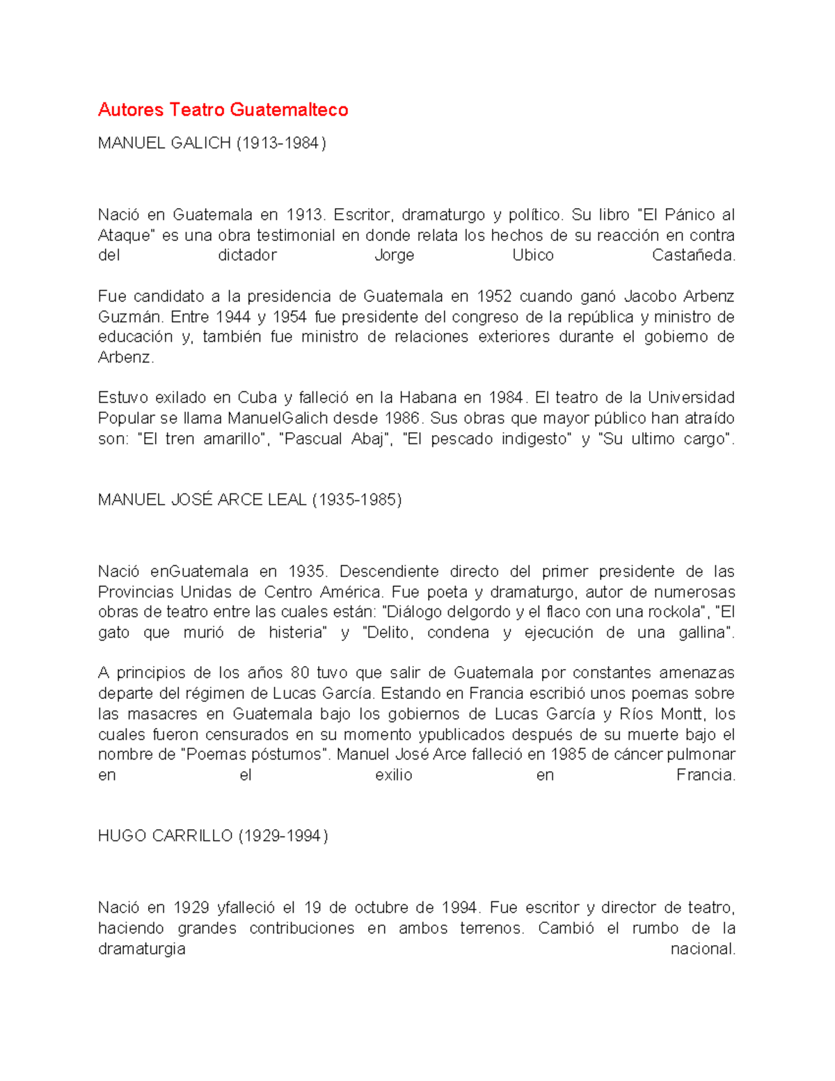 Autores Teatro Guatemalteco - Autores Teatro Guatemalteco MANUEL GALICH ...