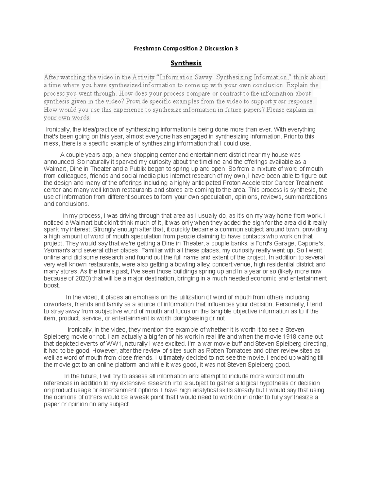 2020 Freshman Composition 2 Discussion 3 - Freshman Composition 2 ...