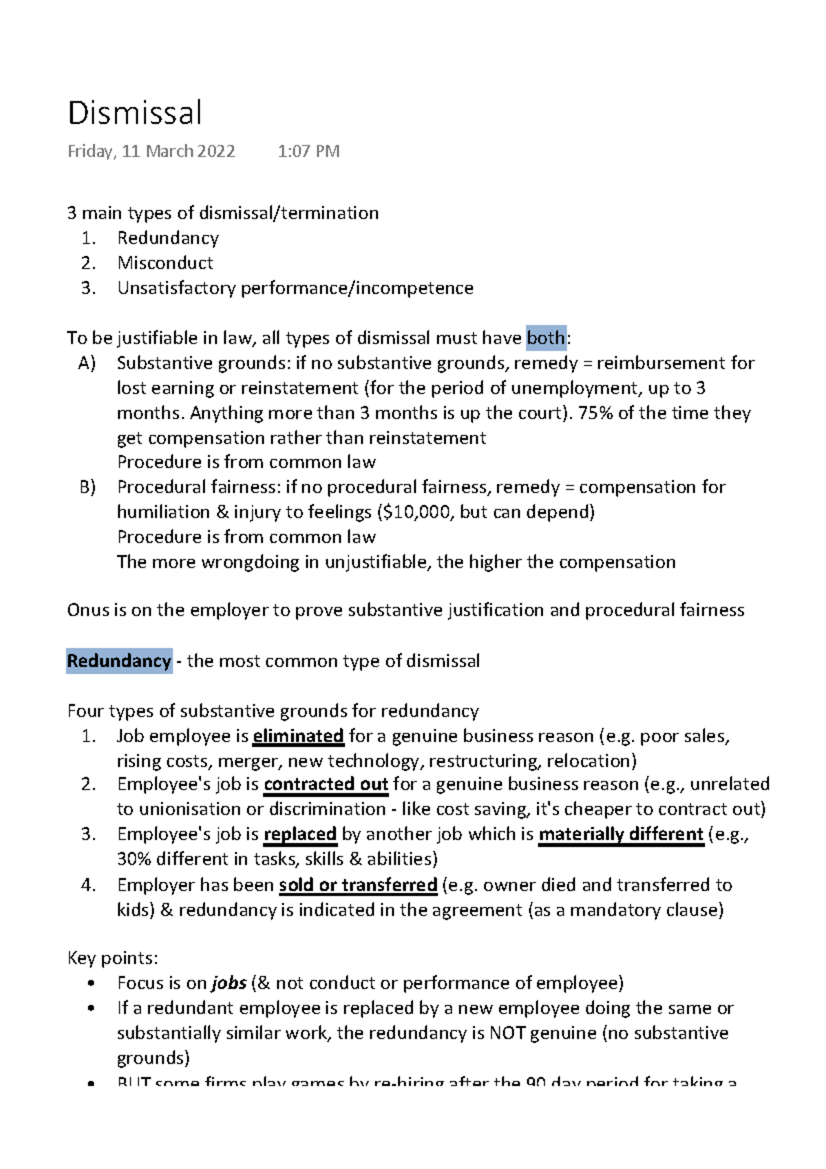 Dismissal - 3 main types of dismissal/termination 1. Redundancy 2 ...