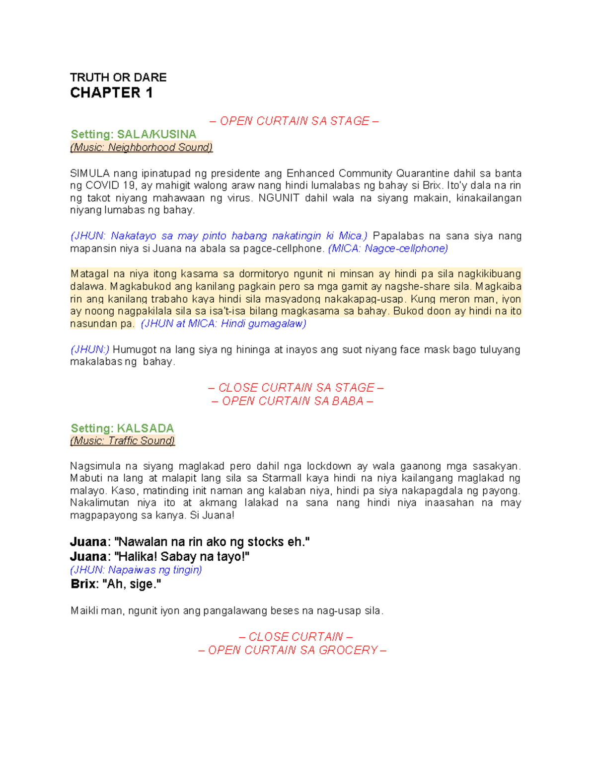 Truth OR DARE Narrator - Script - TRUTH OR DARE CHAPTER 1 – OPEN CURTAIN SA STAGE – Setting ...