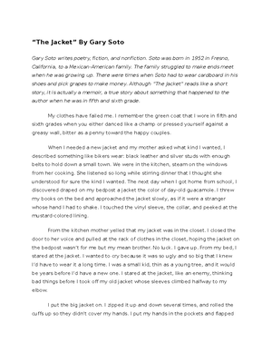 The Jacket by Gary Soto - “The Jacket” By Gary Soto Gary Soto writes ...