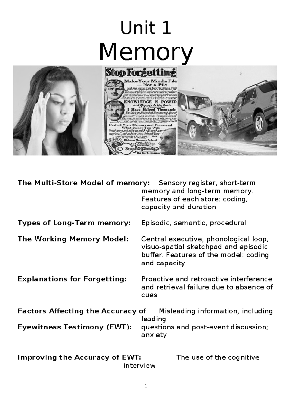 Memory pack revised for 2019 - 20 2 - Unit 1 Memory The Multi-Store ...