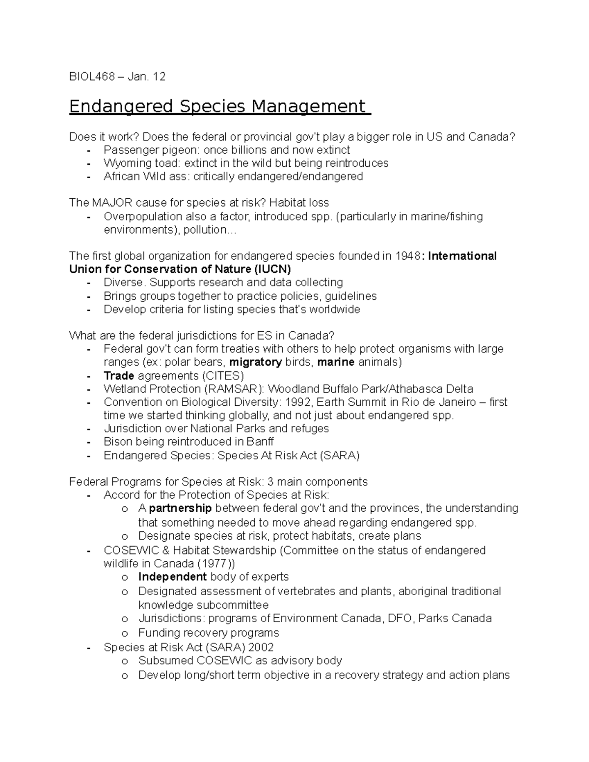 BIOL 468 - Endangered Spp - BIOL468 Jan. 12 Endangered Species ...