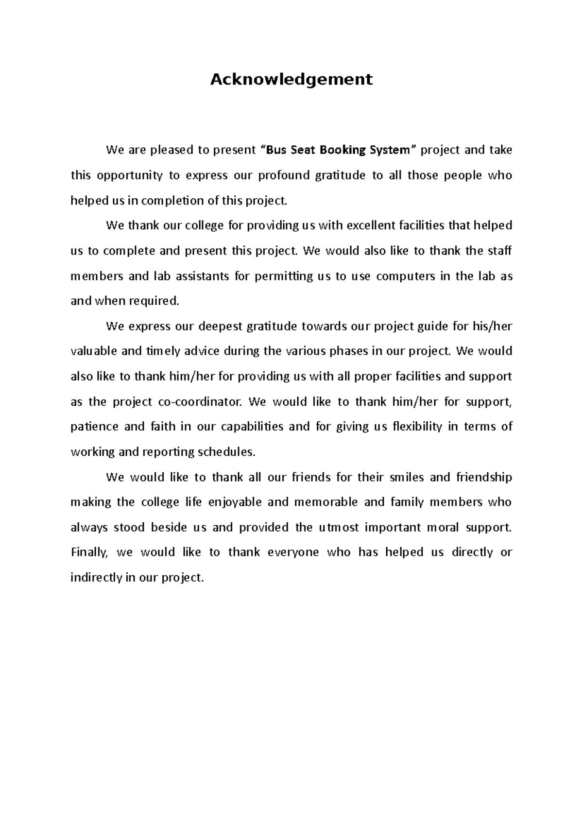 Bus Seat Booking - final project - Acknowledgement We are pleased to ...