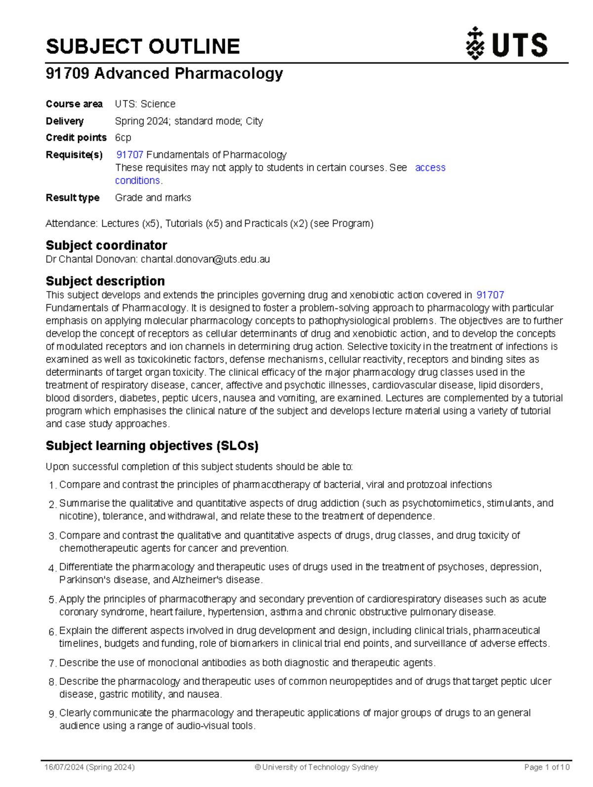 AP Subject Outline - SUBJECT OUTLINE 91709 Advanced Pharmacology ...