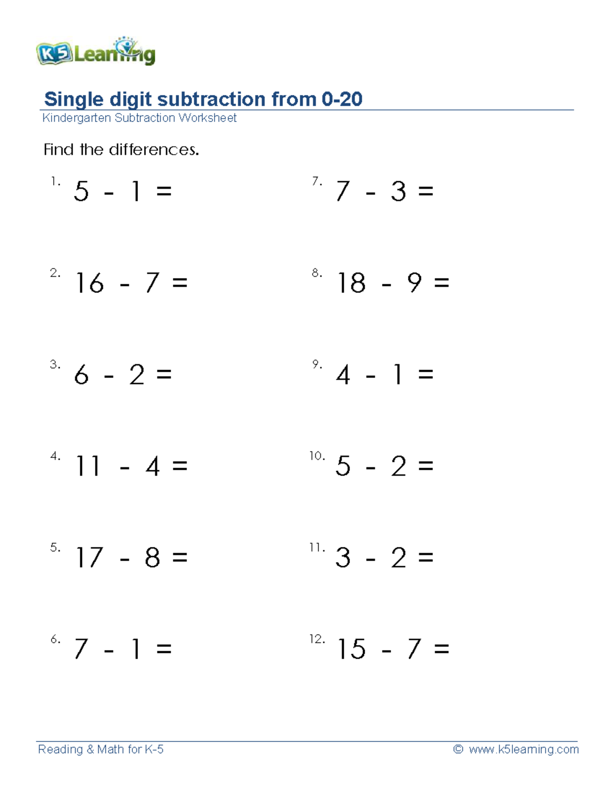 Subtraction sums - Guide - Ed 120 - Reading & Math for K-5 © k5learning ...