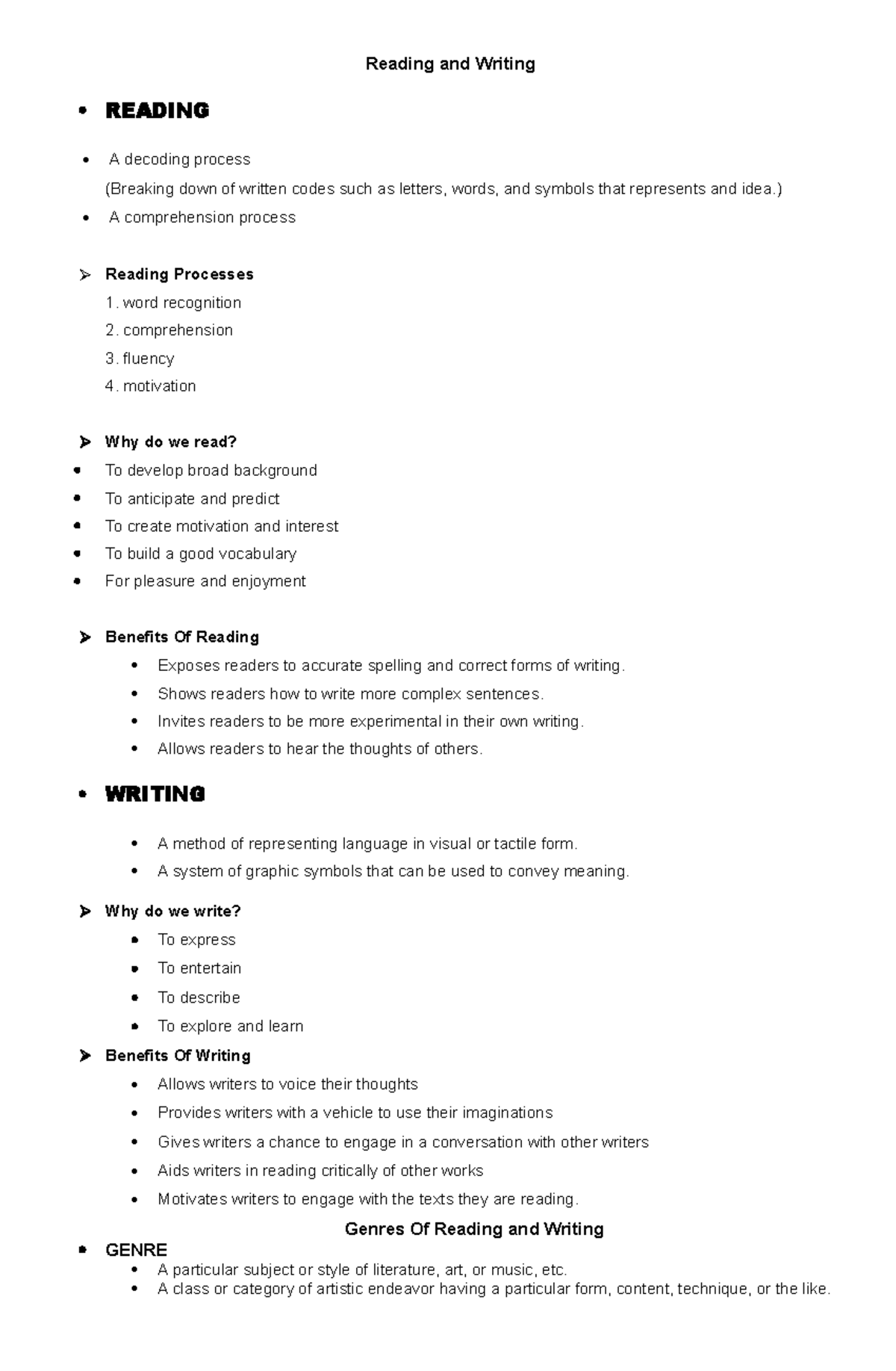 Reading AND Writing handout - Reading and Writing READING A decoding ...