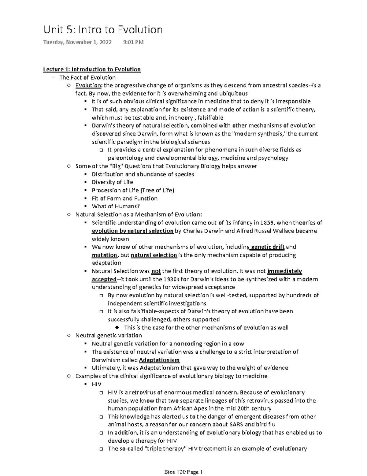 Bios 120 Unit 5 Intro to Evolution - Lecture 1: Introduction to Evolution The Fact of Evolution ...