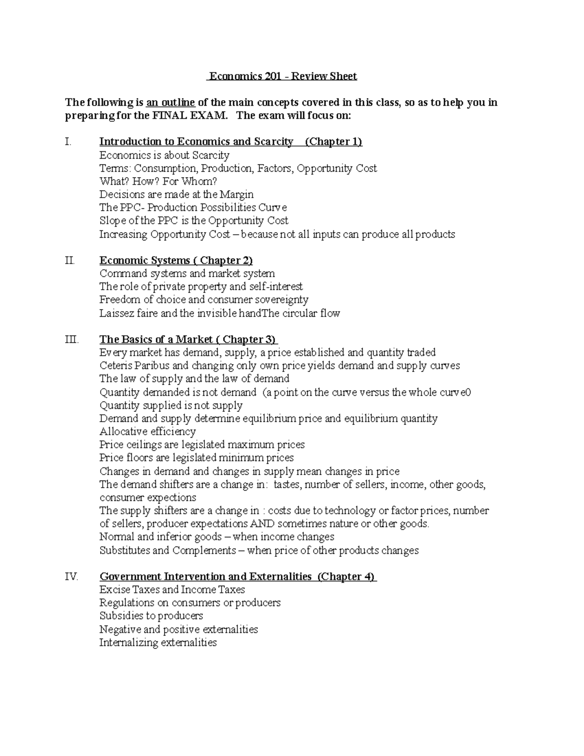 201- Review Sheet - Economics 201 - Review Sheet The following is an ...