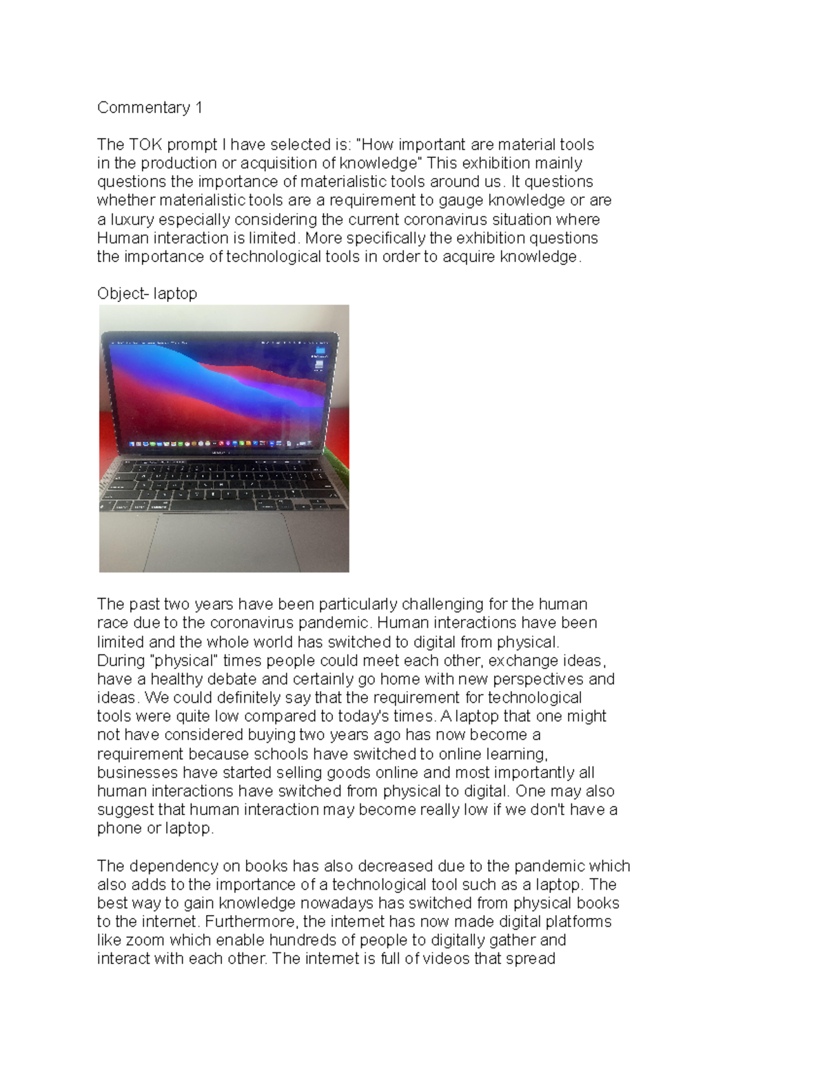 TOK Mock commentary Final - Commentary 1 The TOK prompt I have selected ...