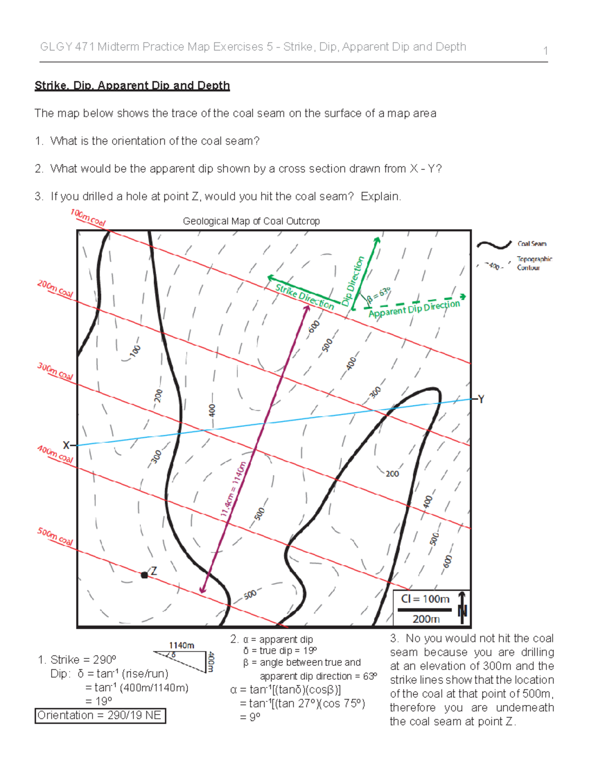 GLGY 471 Midterm Practice Map 5 - Strike, Dip, Apparent Dip and Depth ...