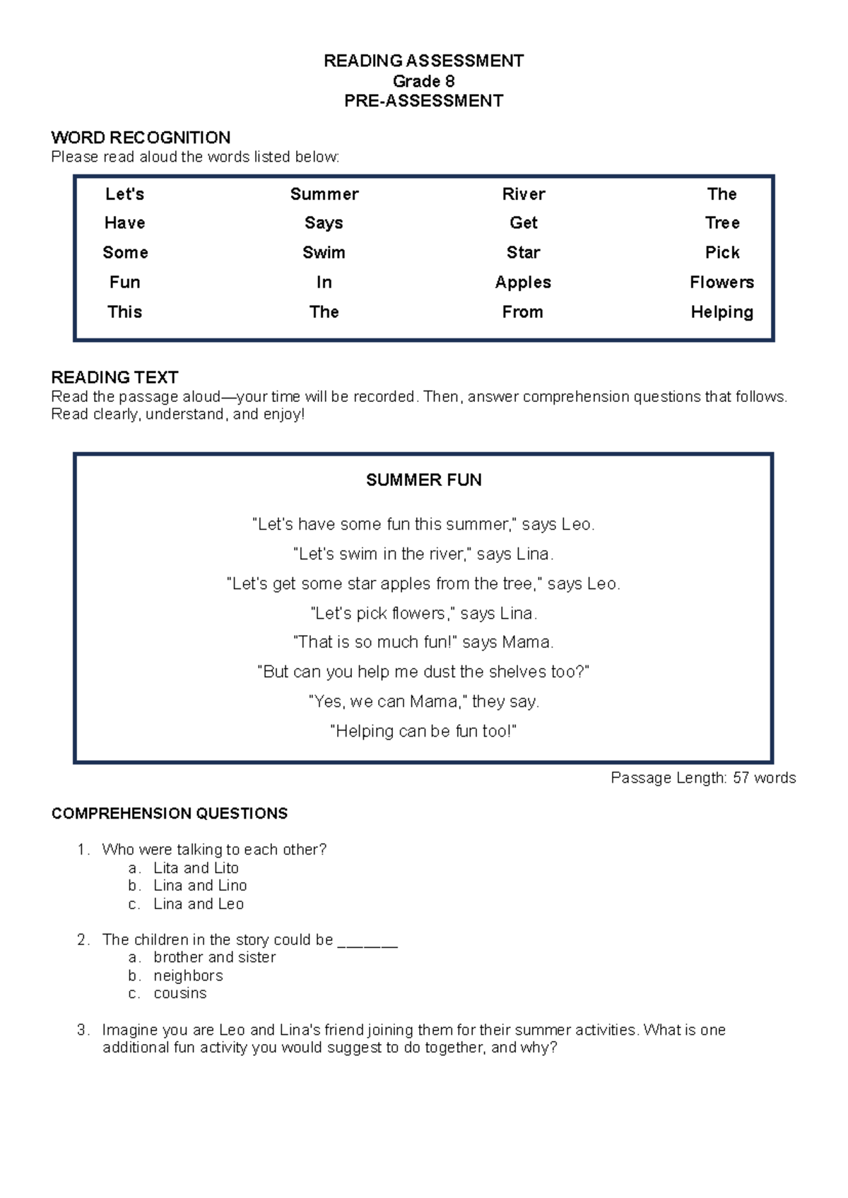 Reading Assessment Grade 8 Pre-Assessment - READING ASSESSMENT Grade 8 ...