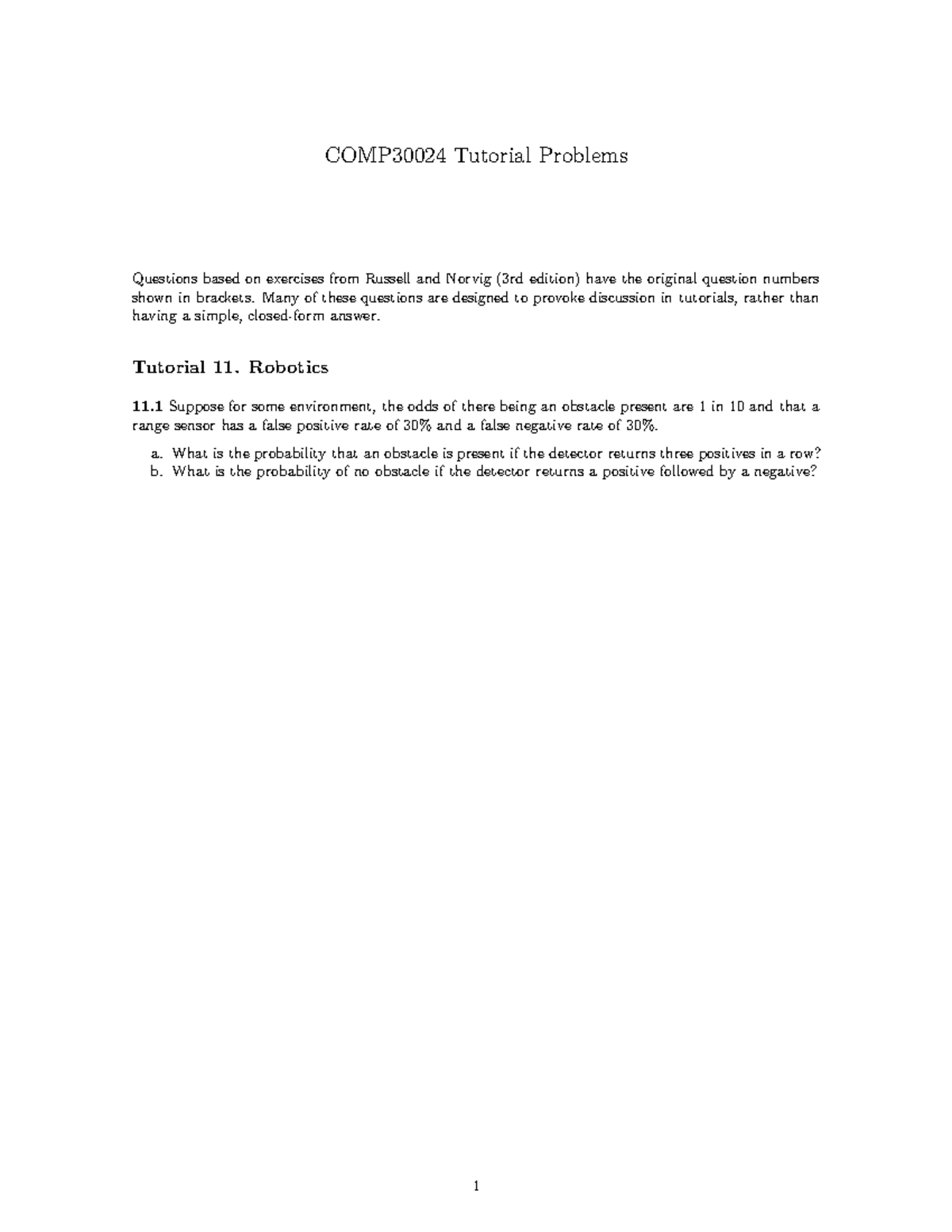 Tute-wk12 - tut question for week 12 - COMP30024 Tutorial Problems Questions based on exercises ...
