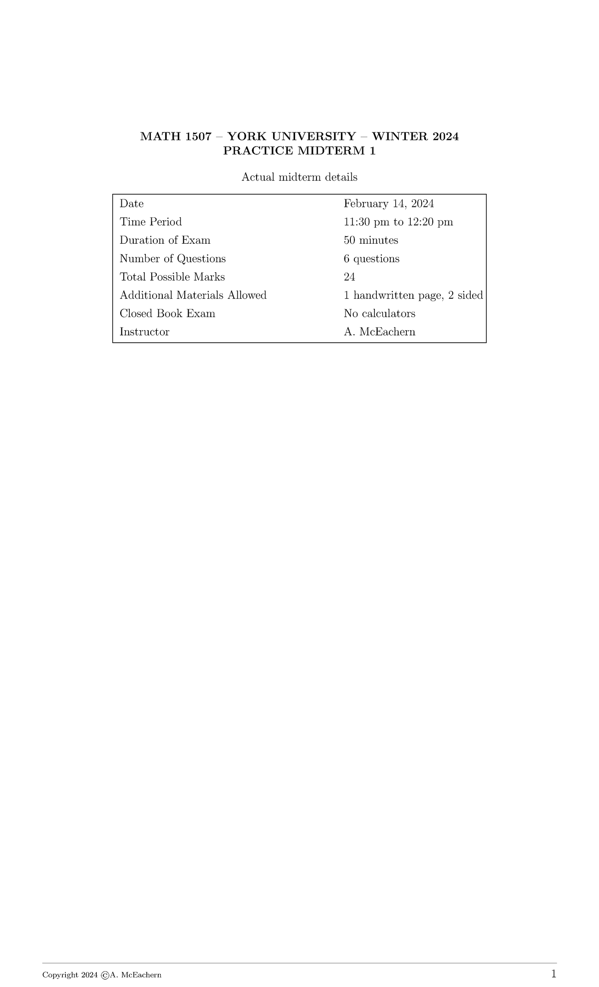 Math 1507 practice midterm 1 winter 2024 - MATH 1507 – YORK UNIVERSITY ...