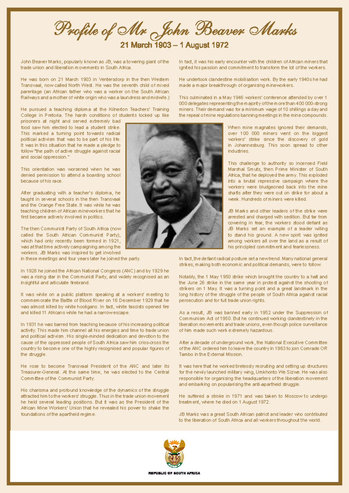 Marks Profile Leaflet - HISTORY 311 - John Beaver Marks, popularly known as JB, was a towering ...