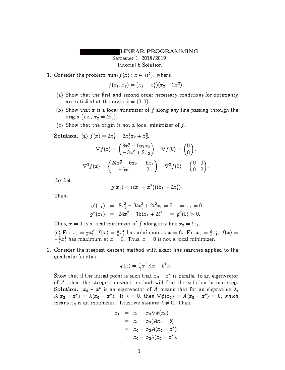 Second order necessary - MA3236 NONLINEAR PROGRAMMING Semester 1, 2018 ...