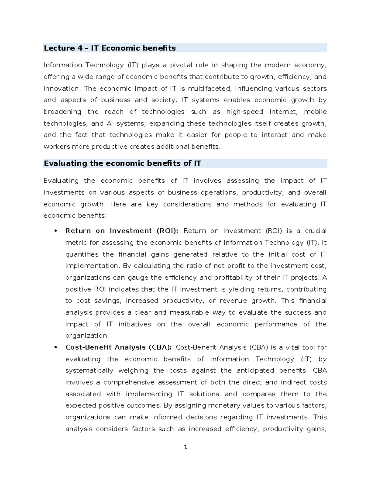 Lecture 4 - IT Economic benefits MIS - Lecture 4 – IT Economic benefits Information Technology ...