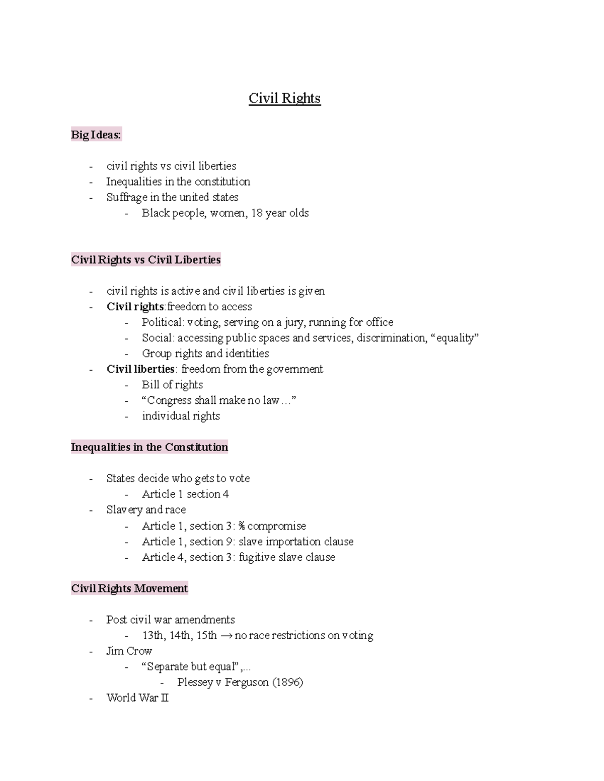 PLS 105, Civil Rights - These lecture notes are for Intro to American ...