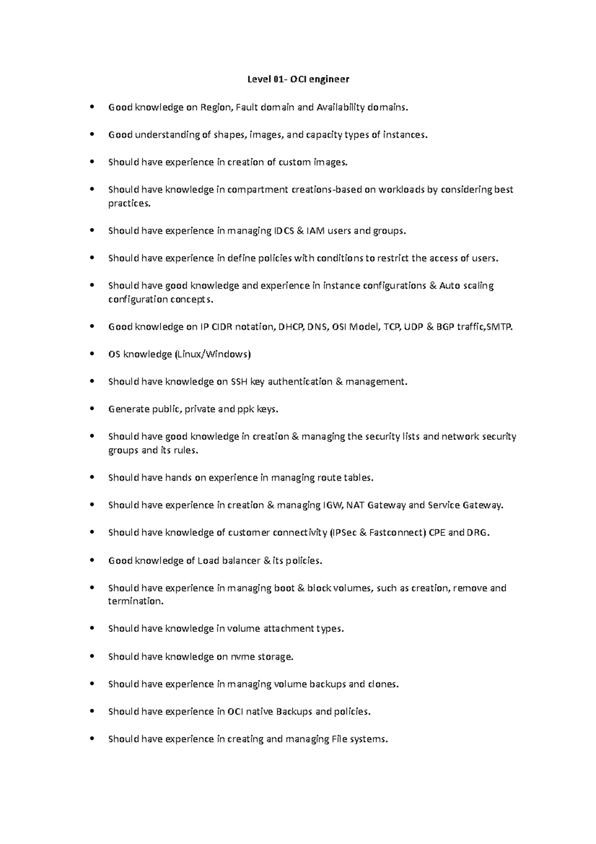OCI JD - Level 01- OCI engineer Good knowledge on Region, Fault domain ...