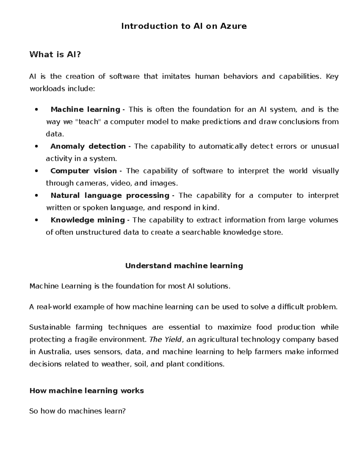 Introduction to AI on Azure - Key workloads include: Machine learning ...