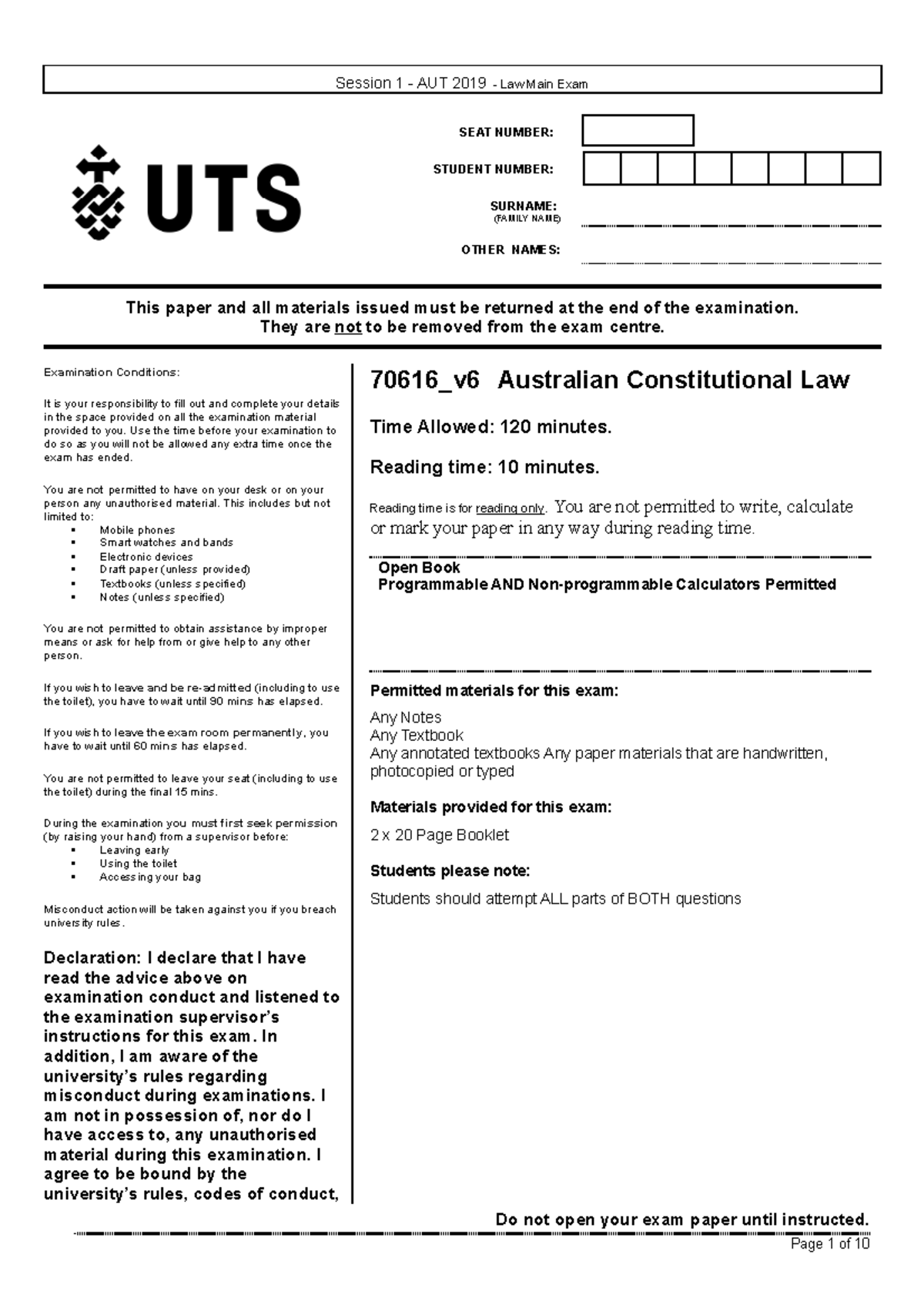 Sample answers and exam question examples - Session 1 - AUT 2019 - Law ...