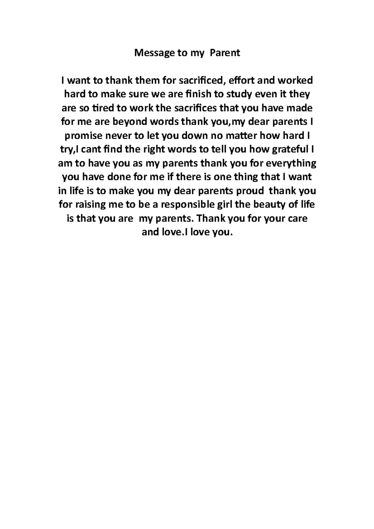 Message to my Parent - to help learner - Message to my Parent I want to ...