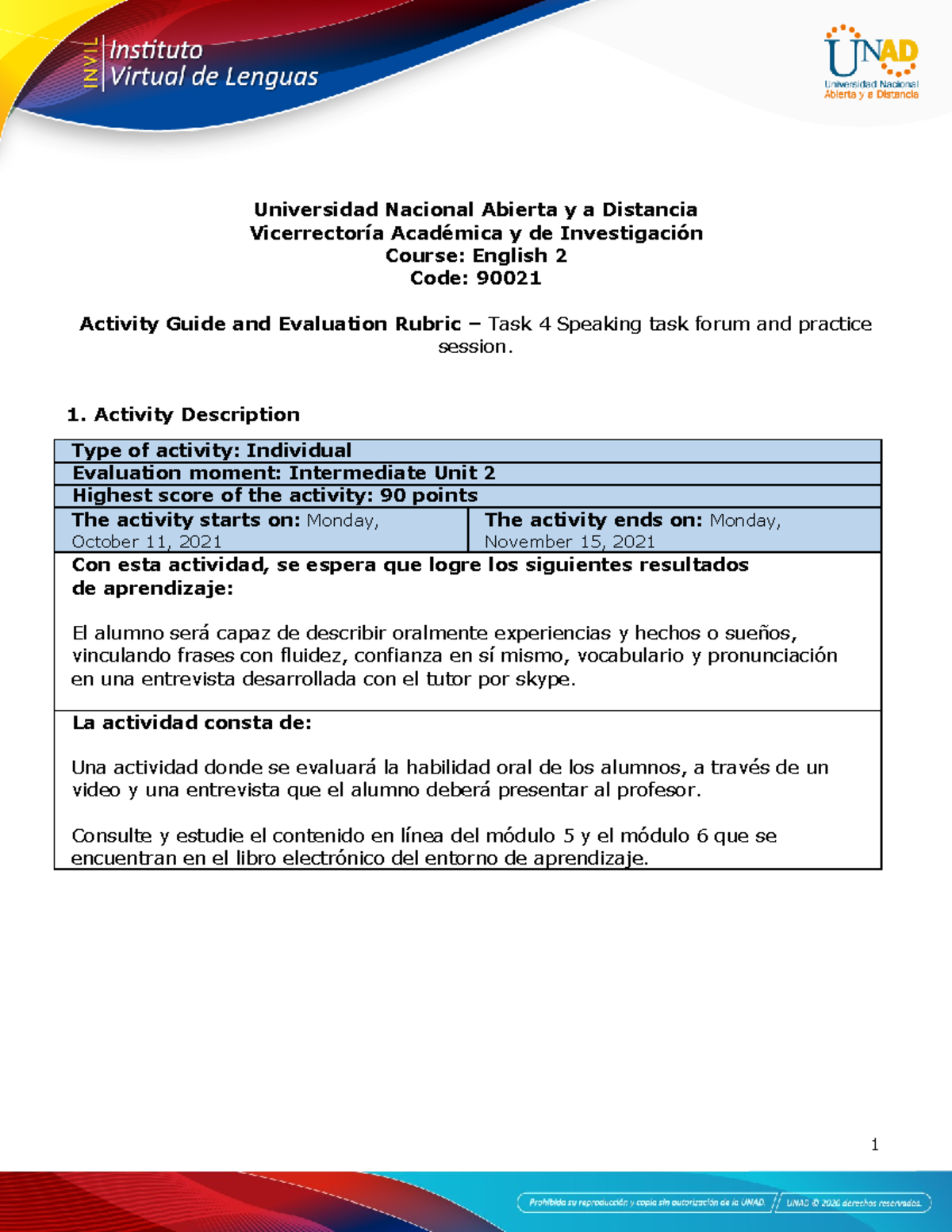 Activities guide and evaluation rubric - Unit 2 - Task 4 - Speaking ...