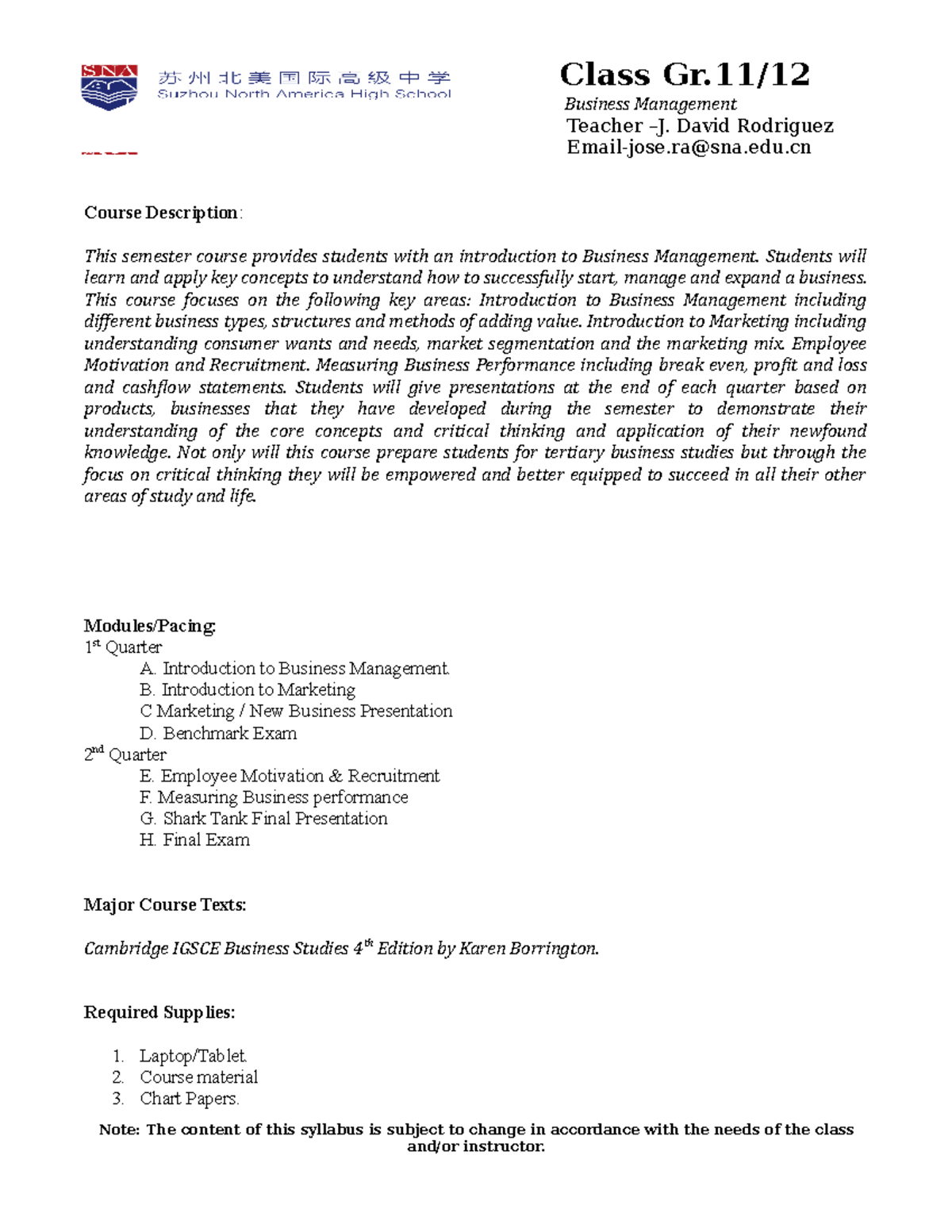 Syllabus & pacing guide 2021 - Class Gr/ Business Management Teacher –J ...