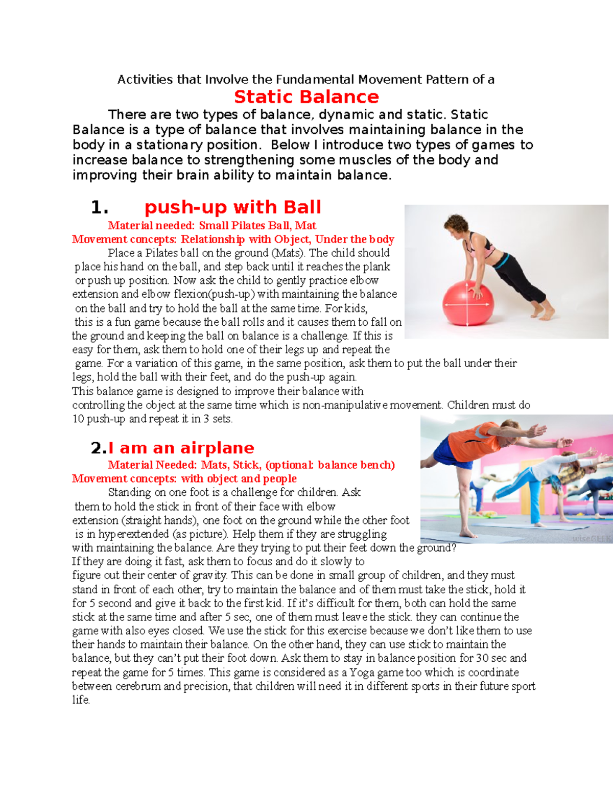 Handout 2, Static Balance - Activities that Involve the Fundamental ...