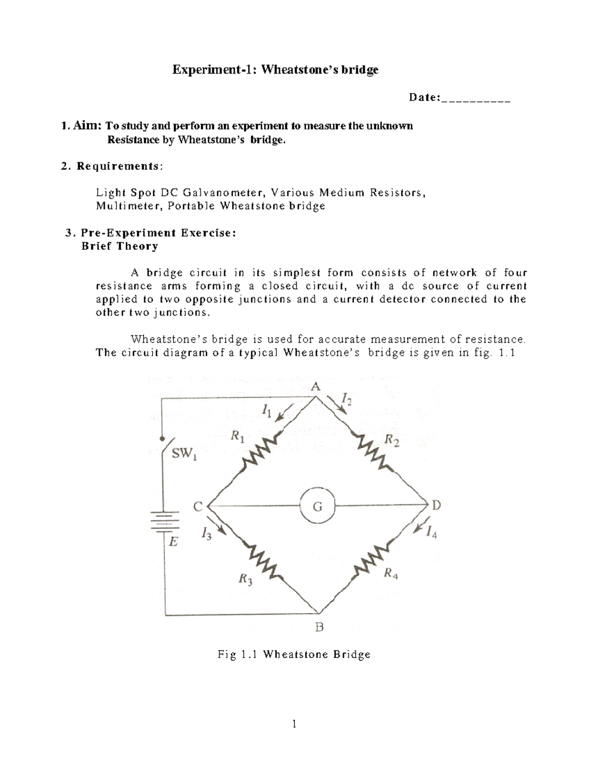Emi lab manual - ld college 1 - Experiment-1: Wheatstone’s bridge Da te ...