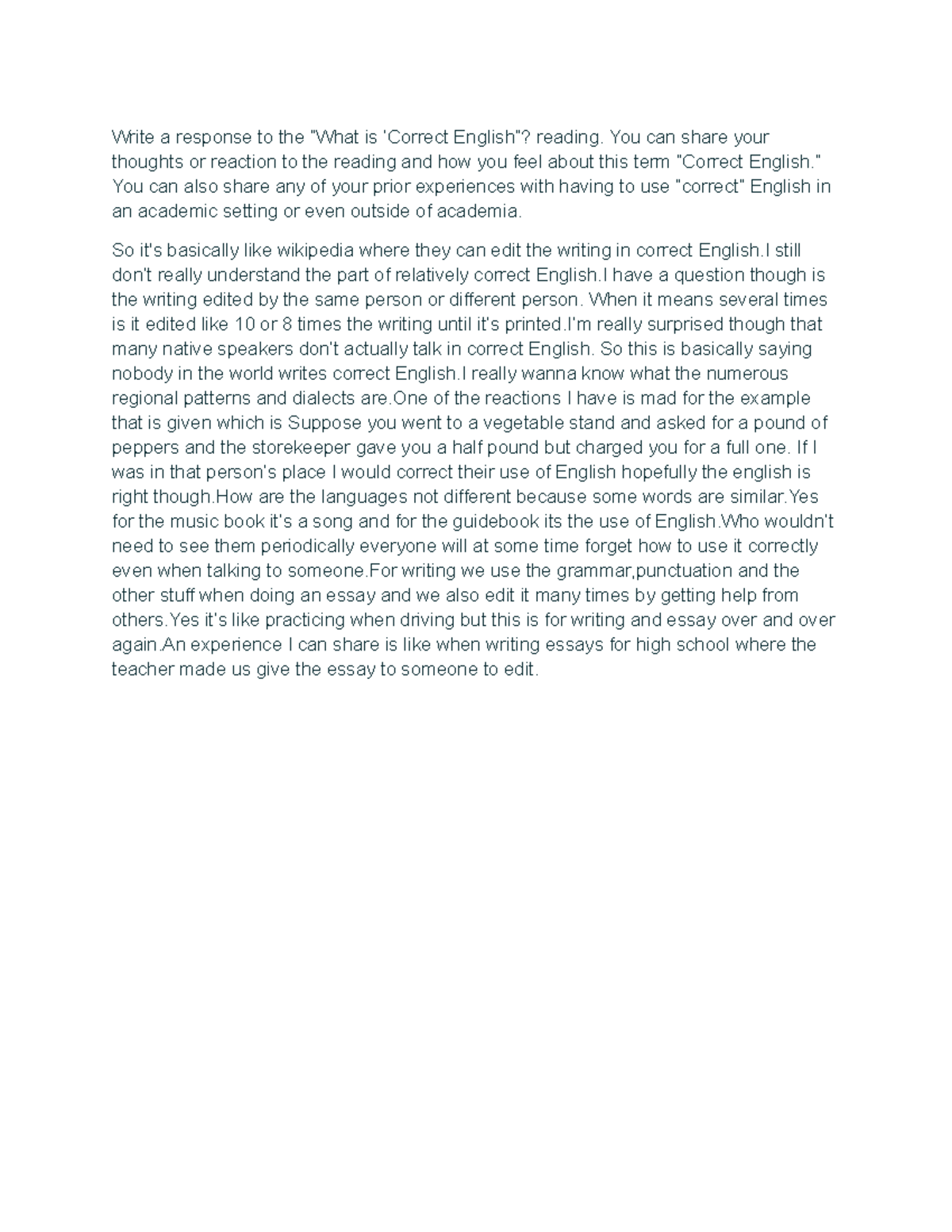 Untitled document - essay - Write a response to the “What is ‘Correct English”? reading. You can ...